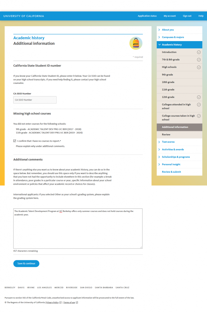 Screenshot Additional Information Academic History Uc Application